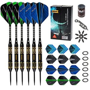 gooso professional steel tip darts set | 24g/22g/20g/18g brass barrel with 12pcs dart flights + dart sharpener + magnetic case + darts tool (6 pack)