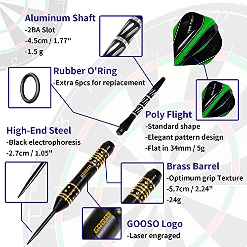 GOOSO Professional Steel Tip Darts Set | 24g/22g/20g/18g Brass Barrel with 12pcs Dart Flights + Dart Sharpener + Magnetic Case + Darts Tool (6 Pack)