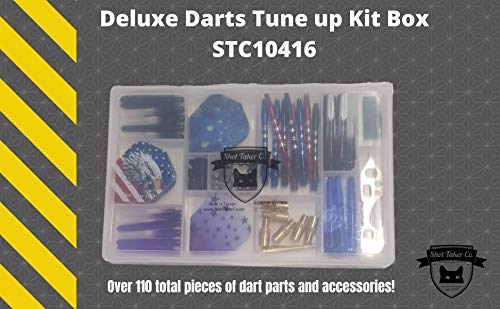 SHOT TAKER CO. EST. 2017 Deluxe Darts Tune up Kit Box | Flights, Sharpener, Shafts, O-Rings, Flight Savers, Accessories (10416-Essential)