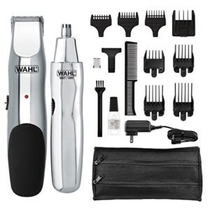 wahl groomsman rechargeable beard trimming kit for mustaches, nose hair, and light detailing and grooming with bonus wet/dry electric nose trimmer – model 5622