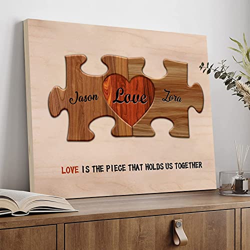 Bohva Personalized Couple Names Sign, Valentines Day Anniversary Wedding Gifts Idea for Him Her, Birthday Gift for Husband Wife Boyfriend Girlfriend, Custom Heart Puzzle Pieces Print On Wood