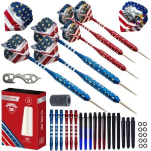 steel tip darts set – professional darts steel tip for dartboard – includes brass barrels + plastic & aluminum shafts + rubber o’rings + flights + darts sharpener + wrench (22g- usa -stc10420)