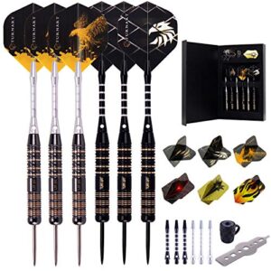 darts metal tip set, brass darts steel tip set professional for bristle dartboard, 3 pieces 20 grams and 3 pieces 22 grams steel tip darts with 21 extra flights and a darts’ tool (1)