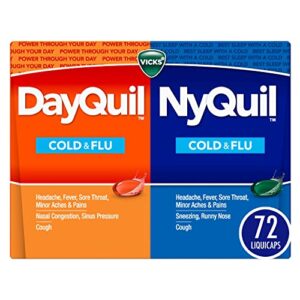 vicks dayquil and nyquil combo pack, cold & flu medicine, powerful multi-symptom daytime and nighttime relief for headache, fever, sore throat, cough, 72 count, 48 dayquil, 24 nyquil liquicaps