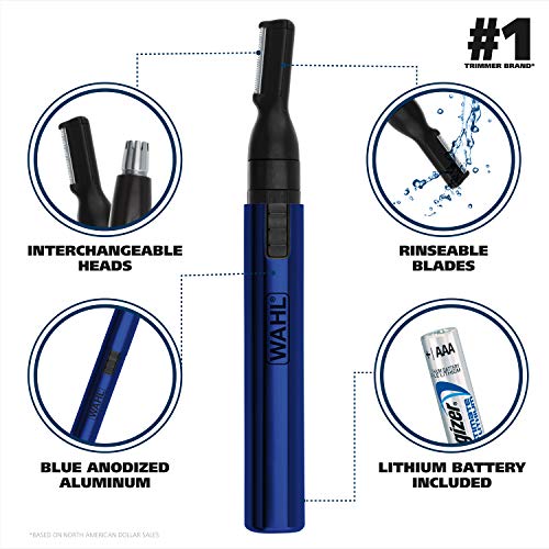 Wahl Lithium 2 in 1 Pen Detail Trimmer for Nose, Ear, Neckline, Eyebrow, & Other Detailing - Blue - by The Brand Used by Professionals - Model 5643-200