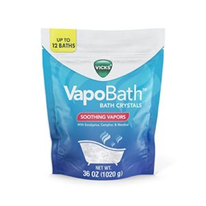 vicks vapobath, bath salts, bath bomb, non-medicated bath crystals, comforting vicks vapors, vapor bath, aromatherapy with eucalyptus and menthol scent, contains essential oils, 36 oz