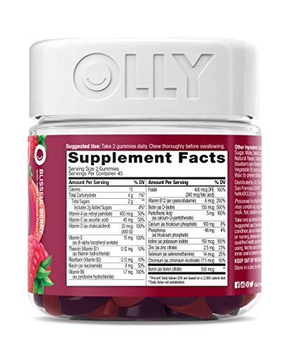 OLLY Women's Multivitamin Gummy, Vitamins A, D, C, E, Biotin, Folic Acid, Chewable Supplement, Berry Flavor, 90-Day Supply - 180 Count