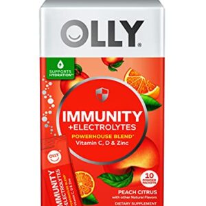 OLLY Immunity + Electrolytes Powder, Immune & Hydration Support, Vitamin C, D, Zinc, Drink Mix, Citrus Peach - 10 Count