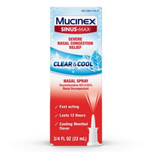 mucinex sinus-max severe nasal congestion relief clear & cool nasal spray, 0.75 fl. oz., lasts 12 hours, fast acting, cooling menthol flavor