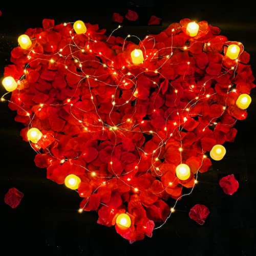 WAKISAKI (3-in-1 Set) 300 Pcs Fake Rose Petals for Romantic Night for Her or Him, 12 Pack LED Tea Lights Fake Candles Battery Operated, 20FT LED String Lights with 3 Modes, for Romantic Decoration