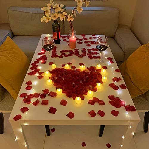 WAKISAKI (3-in-1 Set) 300 Pcs Fake Rose Petals for Romantic Night for Her or Him, 12 Pack LED Tea Lights Fake Candles Battery Operated, 20FT LED String Lights with 3 Modes, for Romantic Decoration