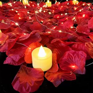 WAKISAKI (3-in-1 Set) 300 Pcs Fake Rose Petals for Romantic Night for Her or Him, 12 Pack LED Tea Lights Fake Candles Battery Operated, 20FT LED String Lights with 3 Modes, for Romantic Decoration