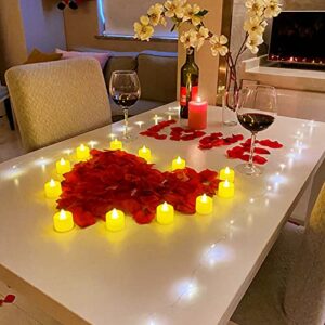 WAKISAKI (3-in-1 Set) 300 Pcs Fake Rose Petals for Romantic Night for Her or Him, 12 Pack LED Tea Lights Fake Candles Battery Operated, 20FT LED String Lights with 3 Modes, for Romantic Decoration