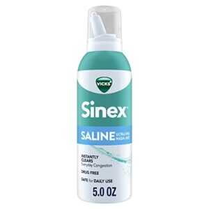 vicks sinex saline nasal spray, drug free ultra fine mist, clear everyday sinus congestion fast, clear mucus from a cold or allergy, daily use 5.0 fl oz