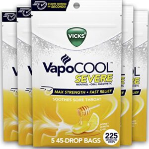 vicks vapocool severe, medicated drops, menthol soothes sore throat pain caused by cough, honey lemon chill flavor, 225 drops (5 packs of 45)