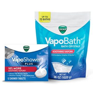 vicks vaposhower plus, shower bomb tablets, soothing non-medicated vapors, 12 tablets & vicks vapobath bath crystals, 36 oz soothing bath soaking solution, steam aromatherapy w/ eucalyptus & menthol