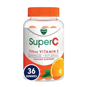 vicks super c vitamin c gummies, energize + replenish, daytime supplement for immune support with vitamin c, b vitamins, green tea extract, ginseng, and goji berries, citrus flavored, 36 gummies