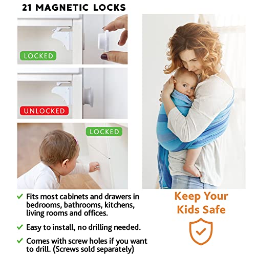 21 Magnetic Cabinet Locks 3 Keys, Child Safety 61-Piece Kit, Magnet Locks with New Upgraded Adhesive, Easy Installation, No-Drill Baby Proofing Locks to Childproof Cabinets & Drawers