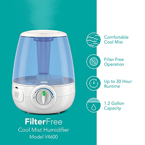 Vicks Filter-Free Ultrasonic Cool Mist Humidifier, Medium Room, 1.2 Gallon Tank-Humidifier for Baby and Kids Rooms, Bedrooms and More