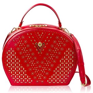 valentino orlandi women’s large handbag italian designer purse bowling bag top handle red embroidered genuine leather bowler bag in laser cut gold design