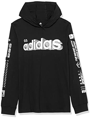 adidas Boys' Long Sleeve Linear Camo Hooded Tee, Black with Silver, Large (14/16)