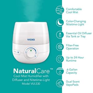 Vicks NaturalCare Cool Mist Ultrasonic Humidifier (VUL530), White, Small Room – Humidifier and Diffuser with Nighttime Light, Works with Vicks VapoPads