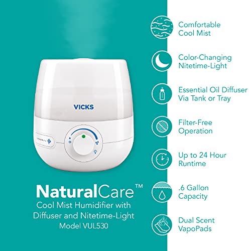 Vicks NaturalCare Cool Mist Ultrasonic Humidifier (VUL530), White, Small Room – Humidifier and Diffuser with Nighttime Light, Works with Vicks VapoPads