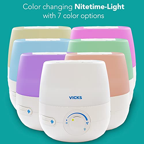 Vicks NaturalCare Cool Mist Ultrasonic Humidifier (VUL530), White, Small Room – Humidifier and Diffuser with Nighttime Light, Works with Vicks VapoPads