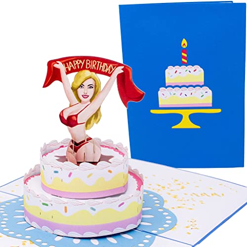 Dirty Pop Cards - Surprise Girl Popping Out Of Cake 3D Birthday Card, Funny Happy Birthday Cards for Men, Stripper Pop Up Card for Husband, Boyfriend, Him - 1 Card 5 x 7 inch, 1 Notepaper, 1 Envelope