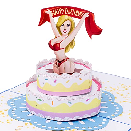 Dirty Pop Cards - Surprise Girl Popping Out Of Cake 3D Birthday Card, Funny Happy Birthday Cards for Men, Stripper Pop Up Card for Husband, Boyfriend, Him - 1 Card 5 x 7 inch, 1 Notepaper, 1 Envelope