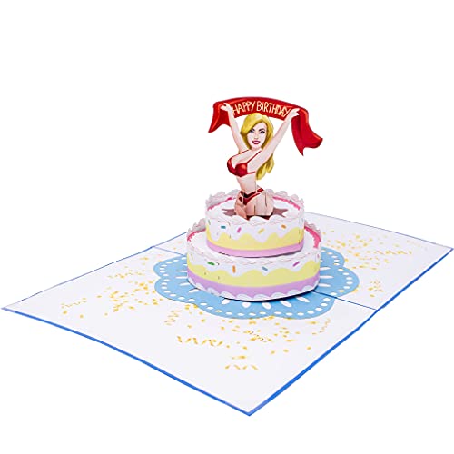 Dirty Pop Cards - Surprise Girl Popping Out Of Cake 3D Birthday Card, Funny Happy Birthday Cards for Men, Stripper Pop Up Card for Husband, Boyfriend, Him - 1 Card 5 x 7 inch, 1 Notepaper, 1 Envelope