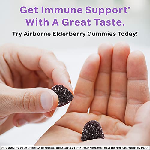 Airborne Elderberry + Zinc & Vitamin C Gummies For Adults, Immune Support Vitamin D & Zinc Gummies With Powerful Antioxidant Vitamins C D & E - 50 Gummies, Elderberry Flavor