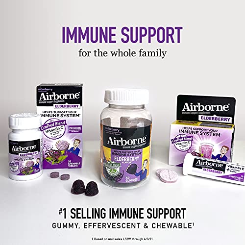 Airborne Elderberry + Zinc & Vitamin C Gummies For Adults, Immune Support Vitamin D & Zinc Gummies With Powerful Antioxidant Vitamins C D & E - 50 Gummies, Elderberry Flavor