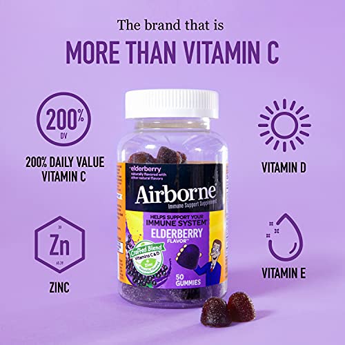 Airborne Elderberry + Zinc & Vitamin C Gummies For Adults, Immune Support Vitamin D & Zinc Gummies With Powerful Antioxidant Vitamins C D & E - 50 Gummies, Elderberry Flavor