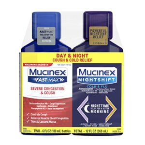 mucinex maximum strength severe congestion & cough & nightshift cold & flu liquid for multi-symptom relief, 6 fl oz (pack of 2)