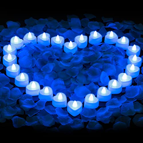 Blue Rose Petals for Romantic Night for him Set, Cridoz 2000 Pieces Artificial Rose Petals with 24 Pieces Blue Flameless LED Candles for Decoration Wedding Party Valentine's Day(Blue)