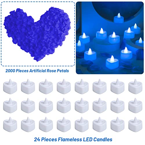 Blue Rose Petals for Romantic Night for him Set, Cridoz 2000 Pieces Artificial Rose Petals with 24 Pieces Blue Flameless LED Candles for Decoration Wedding Party Valentine's Day(Blue)