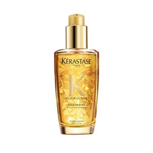 kerastase elixir ultime l’huile original hair oil | hydrating oil serum creates frizz-free shiny hair | with argan oil, camellia oil & marula oil | for all hair types | 3.4 fl oz