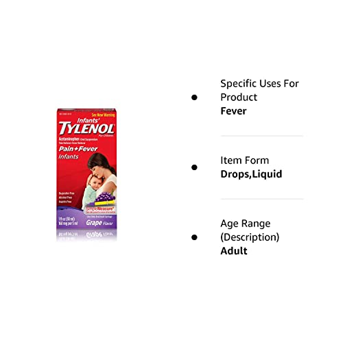 Tylenol Infants Pain and Fever Reliever, Oral Suspension, Grape Flavor, 1 Ounce (Pack of 1)