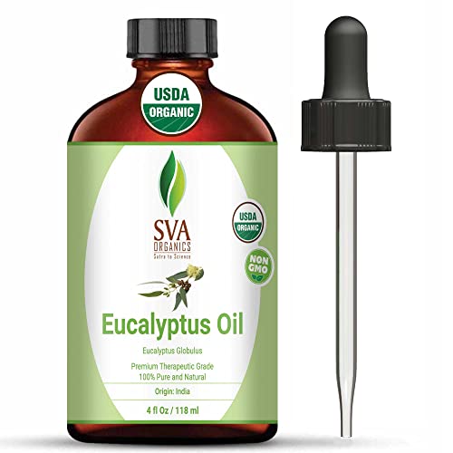 SVA Organics Eucalyptus Essential Oil Organic 4 Oz USDA with Dropper 100% Pure Natural Undiluted Premium Therapeutic Grade Oil for Diffuser, Aromatherapy, Face, Body & Hair Care