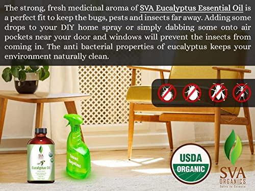 SVA Organics Eucalyptus Essential Oil Organic 4 Oz USDA with Dropper 100% Pure Natural Undiluted Premium Therapeutic Grade Oil for Diffuser, Aromatherapy, Face, Body & Hair Care