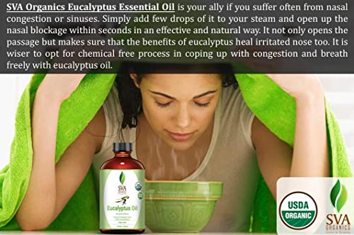 SVA Organics Eucalyptus Essential Oil Organic 4 Oz USDA with Dropper 100% Pure Natural Undiluted Premium Therapeutic Grade Oil for Diffuser, Aromatherapy, Face, Body & Hair Care