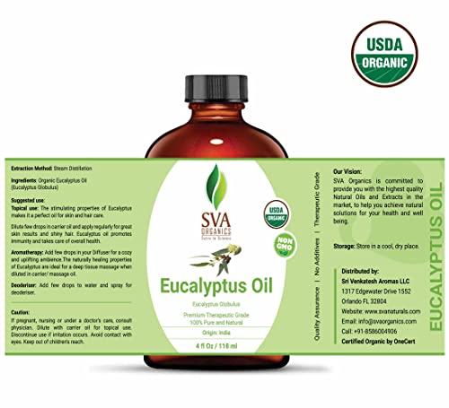 SVA Organics Eucalyptus Essential Oil Organic 4 Oz USDA with Dropper 100% Pure Natural Undiluted Premium Therapeutic Grade Oil for Diffuser, Aromatherapy, Face, Body & Hair Care