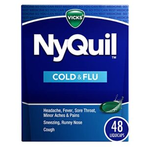 vicks nyquil cold and flu relief liquid medicine, powerful multi-symptom nighttime relief for headache, fever, sore throat, minor aches and pains, sneezing, runny nose, and cough, 48 liquicaps