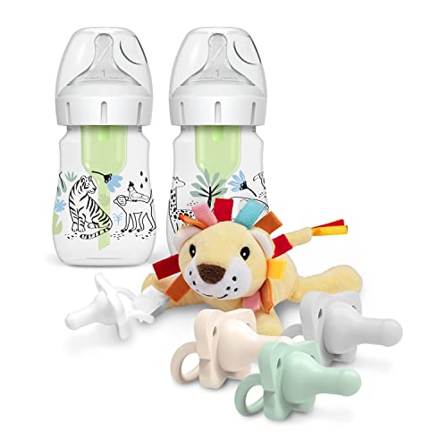 Dr. Brown’s Wide-Neck Baby Bottle Jungle Designer Bottles, 5 oz/150 mL, 2-Pack with HappyPaci Pacifiers and Lovey Holder, Lion