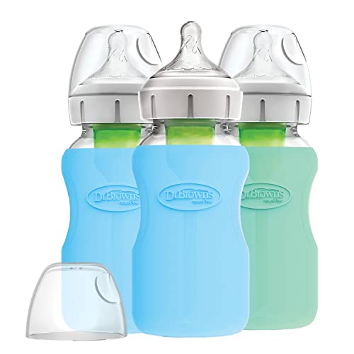 Dr. Brown’s Natural Flow® Options+™ Glass Baby Bottle Sleeves, 100% Silicone, 9 oz, Wide-Neck, Blue (Pack of 2)