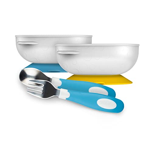 Dr. Brown’s Designed to Nourish Soft-Grip Spoon and Fork Set, Blue & White and No-Slip Strong Suction Bowl for Babies and Toddlers, BPA Free, 2 Pack