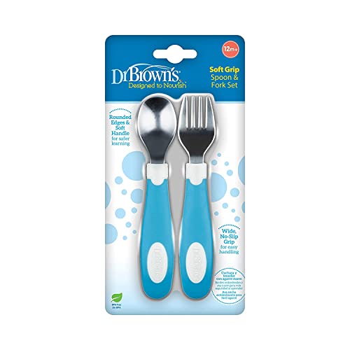 Dr. Brown’s Designed to Nourish Soft-Grip Spoon and Fork Set, Blue & White and No-Slip Strong Suction Bowl for Babies and Toddlers, BPA Free, 2 Pack