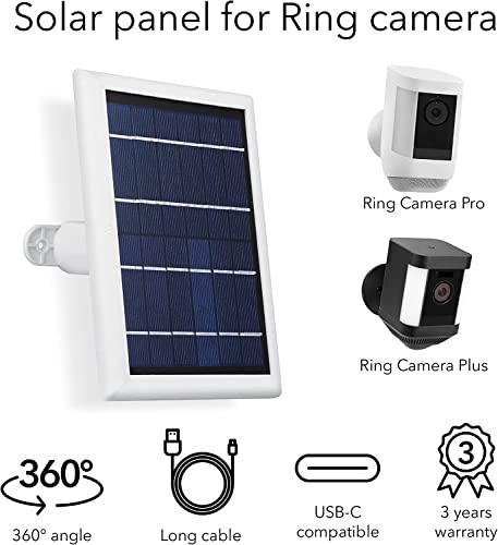 Wasserstein Solar Panel Compatible with Ring Spotlight Cam Plus/Pro/Battery, and Ring Stick Up Cam Battery - Includes Barrel Plug with USB C Adapter - 2W 5V Charging (1-Pack, White)