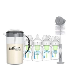 dr. brown’s wide-neck baby bottles 5 oz/150 ml, 4 pack, with travel formula dispenser, formula mixing pitcher, and reusable sponge baby bottle cleaning brush, grey